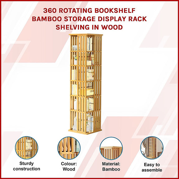 360 Rotating Bookshelf Bamboo Storage Display Rack Shelving in Wood ...